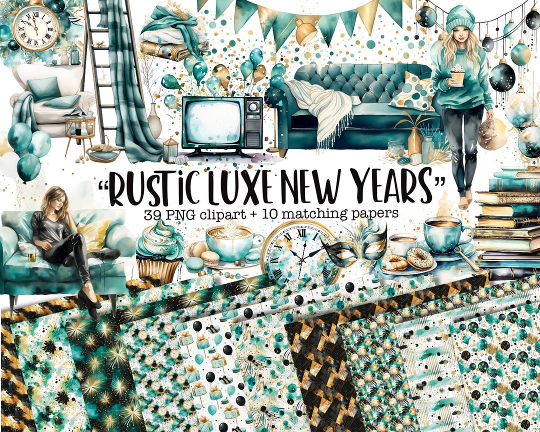 New Years Clipart Bundle, Watercolor 2024 Illustration, Rustic Party ...