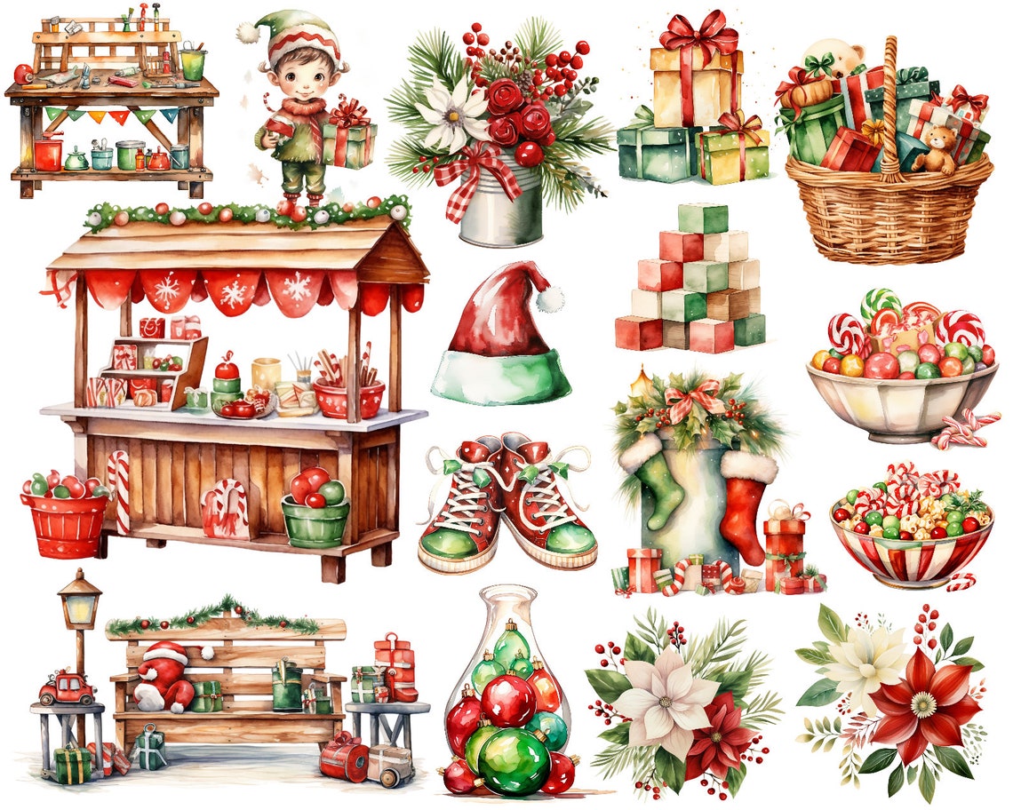Santa’s Workshop Clipart Bundle, Watercolor Christmas Illustration, Elf ...