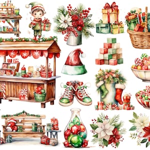 Santa’s Workshop Clipart Bundle, Watercolor Christmas Illustration, Elf ...