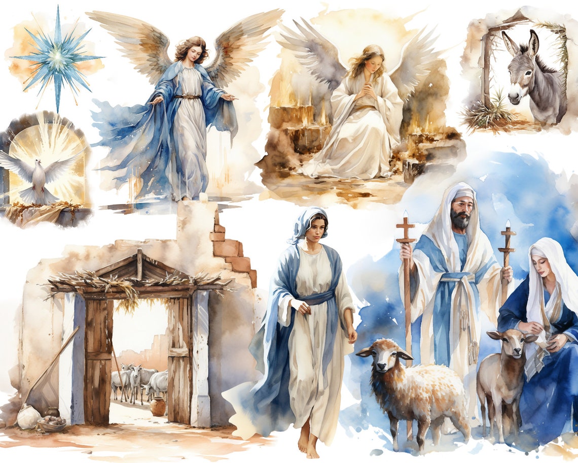 Nativity Clipart Bundle, Watercolor Jesus Birth Illustration, Bethlehem ...