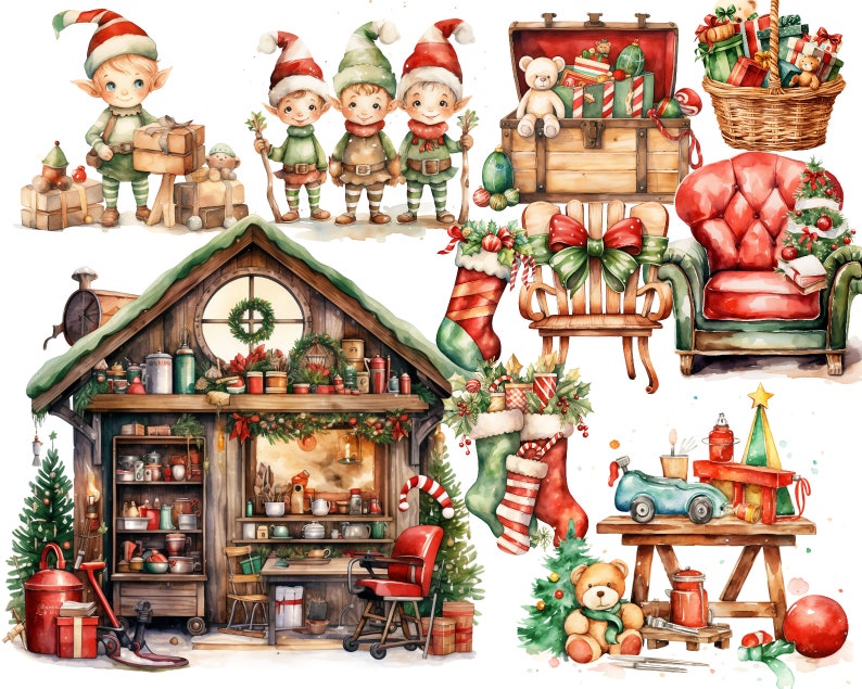 Santa’s Workshop Clipart Bundle, Watercolor Christmas Illustration, Elf ...