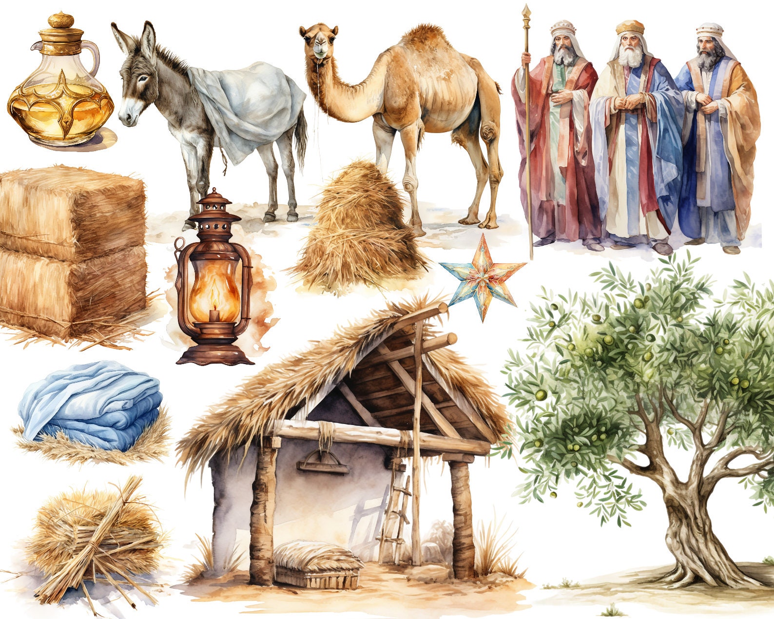 Nativity Clipart Bundle, Watercolor Jesus Birth Illustration, Bethlehem ...
