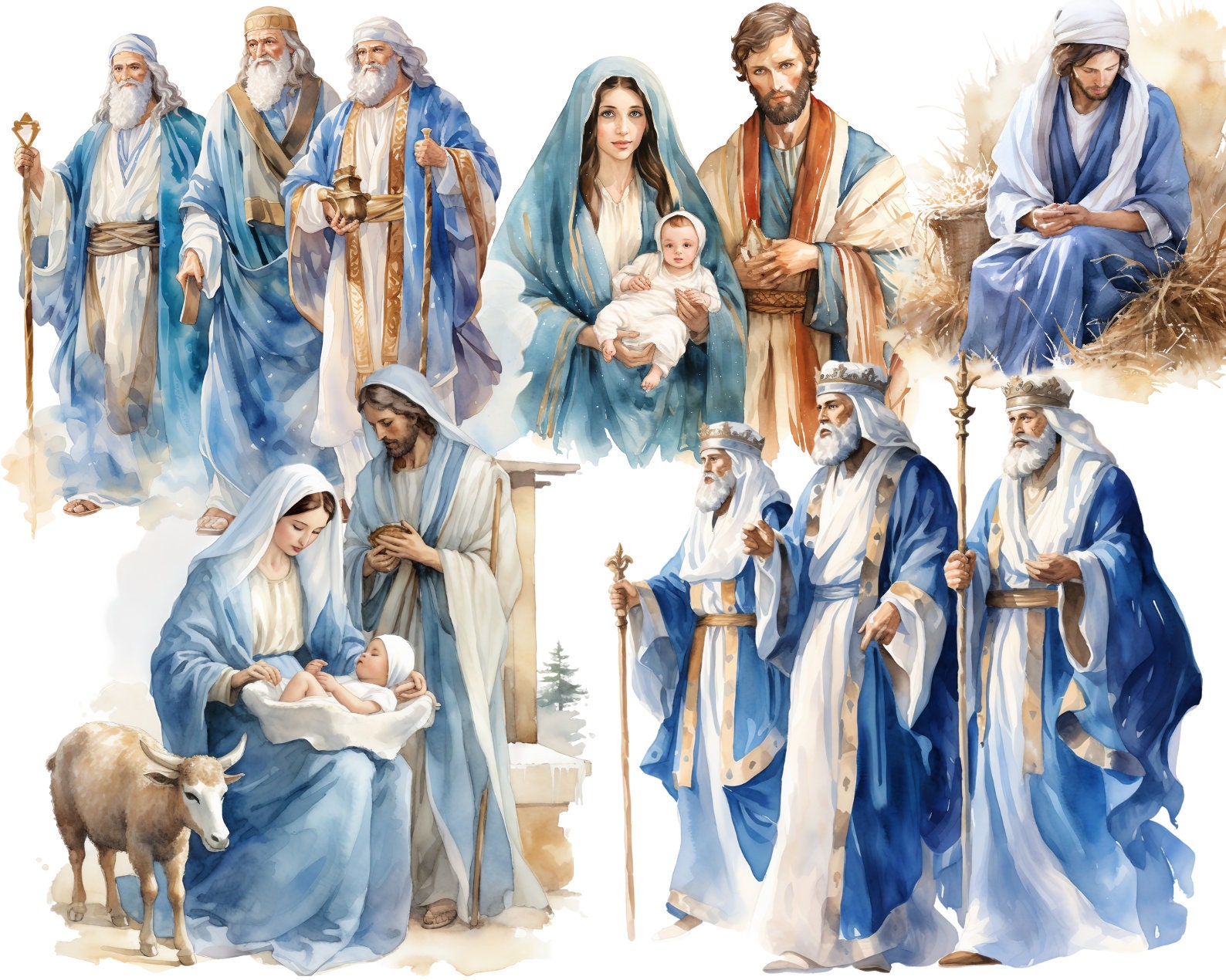 Nativity Clipart Bundle, Watercolor Jesus Birth Illustration, Bethlehem ...