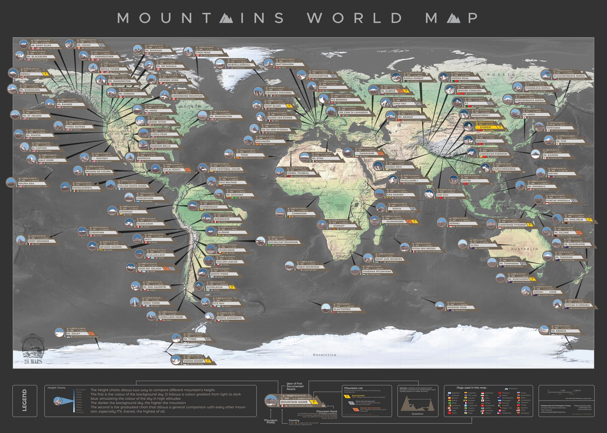 Moutains World Map, a Unique Physical and Aducative Map With All Major ...