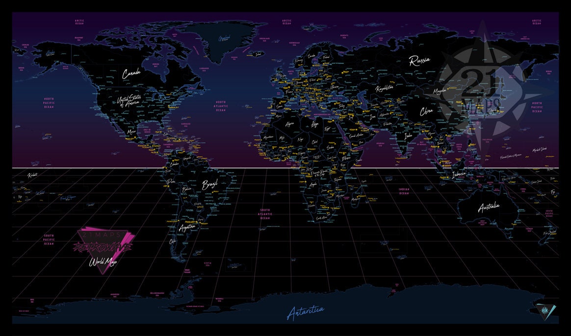 Retrowave World Map, 80s Synthwave Style - Etsy