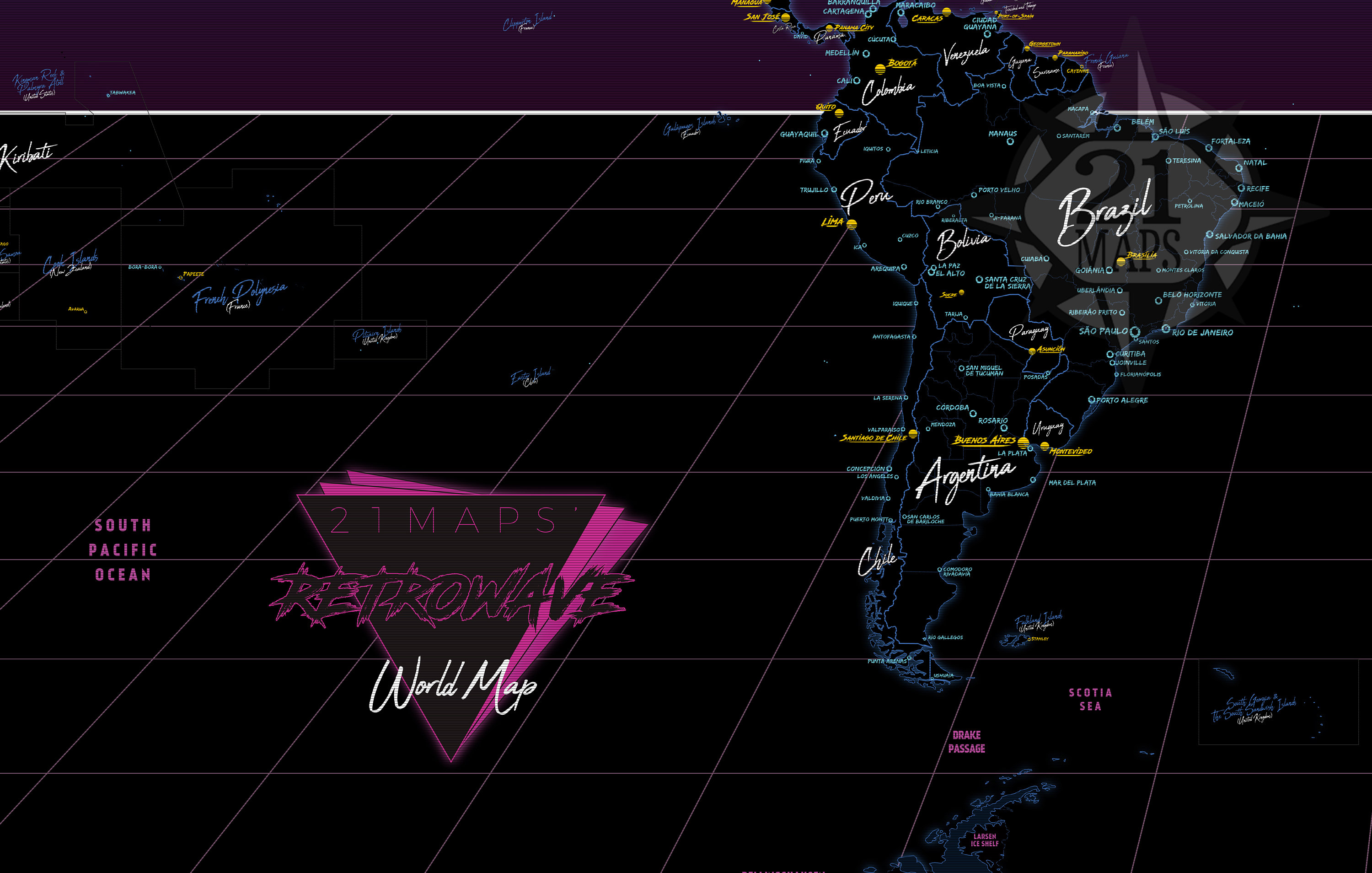 Retrowave World Map, 80s Synthwave Style - Etsy
