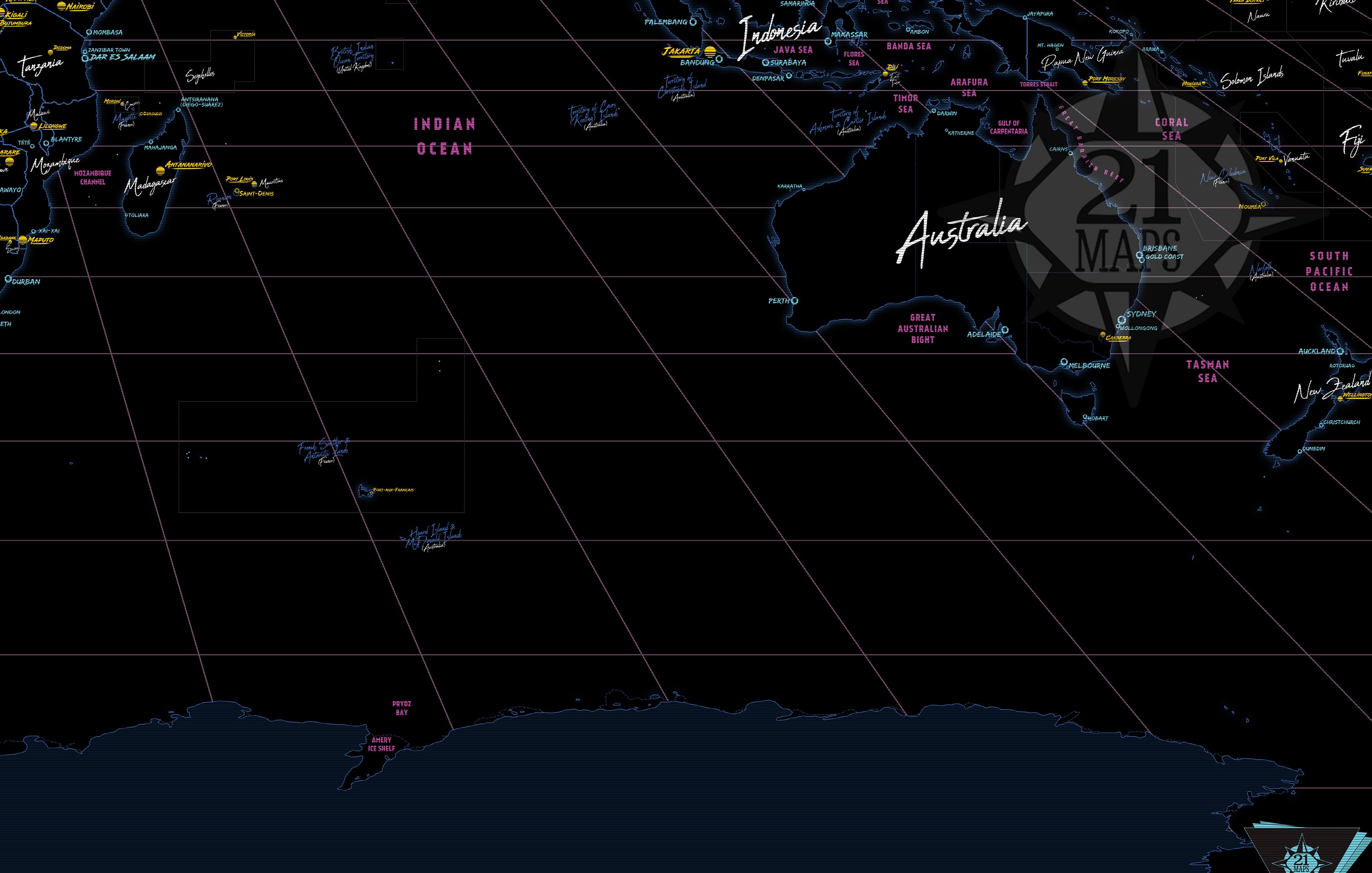 Retrowave World Map, 80s Synthwave Style - Etsy