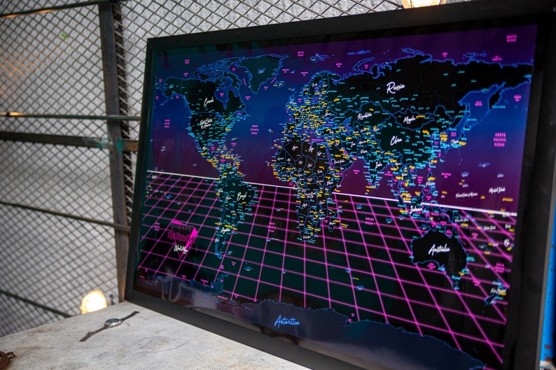 Retrowave World Map, 80s Synthwave Style - Etsy