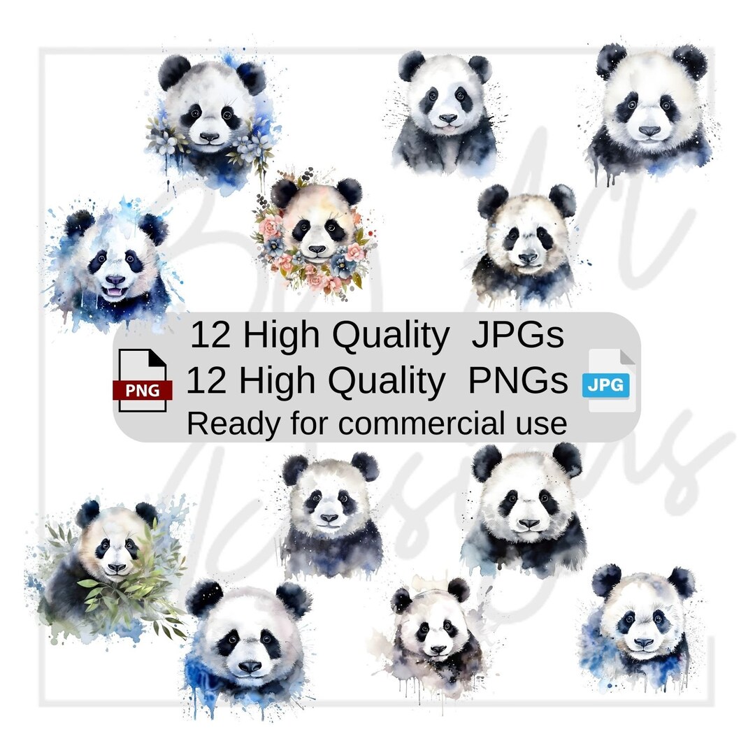 Watercolor Pandas PNG, JPG Animal Sublimation Bundle, Crafts Digital ...