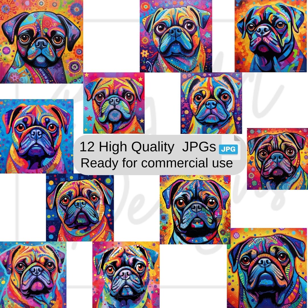 Pug Dogs Colorful Pop Art Pugs Jpgs Digital Download Commercial Use Dog ...