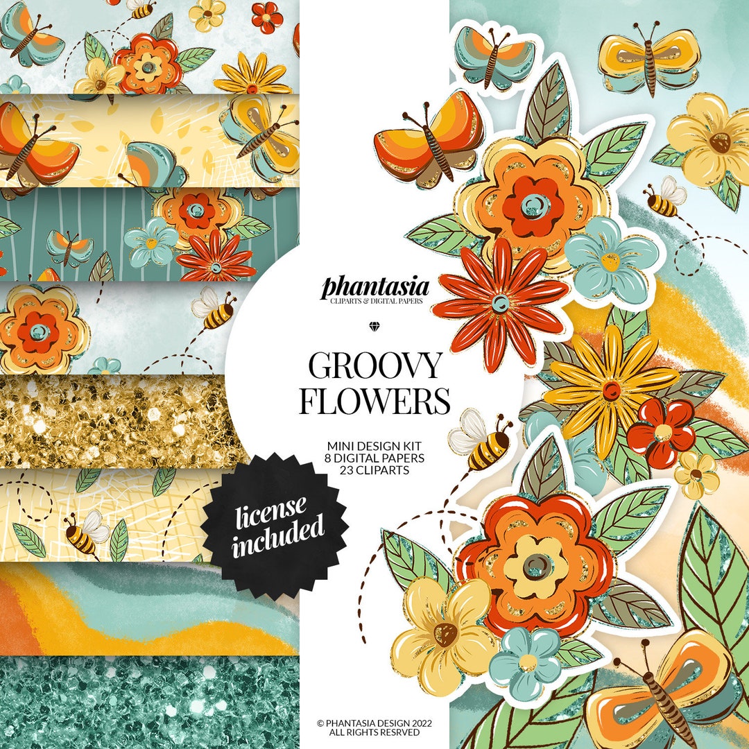 Groovy Flowers Digital Kit, Bee Clipart, Watercolor Clipart, Seamless ...