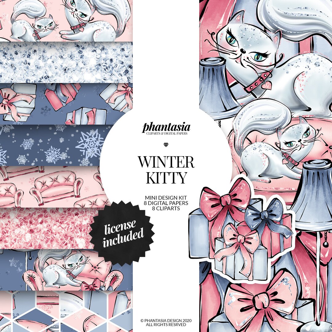 Winter Cat Clipart Set, Winter Digital Paper, Cute Cat, Cute Christmas ...