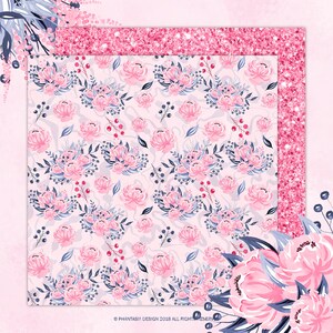 Blue and Pink Watercolor Floral Digital Paper, Pink Glitter, Floral ...