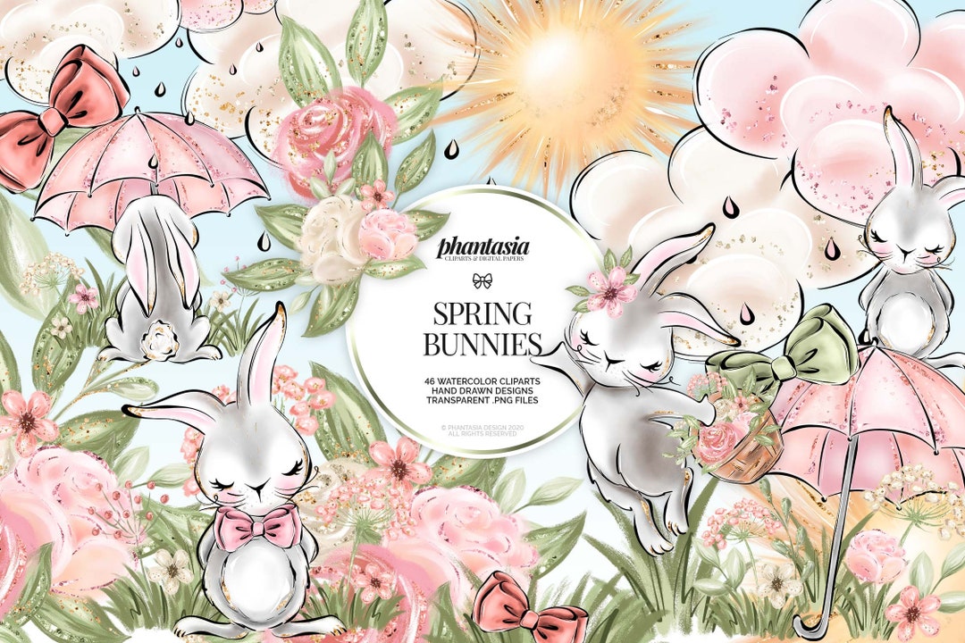 Spring Bunny Clipart, Cute Animal, Watercolor Clipart, Watercolor Bunny ...