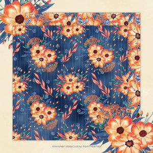 Watercolor Floral Digital Paper, Flower Digital, Blue and Orange ...