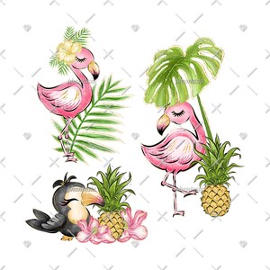 Tropical Cliparts, Flamingo Illustration, Exotic Stickers, Toucan Clip ...