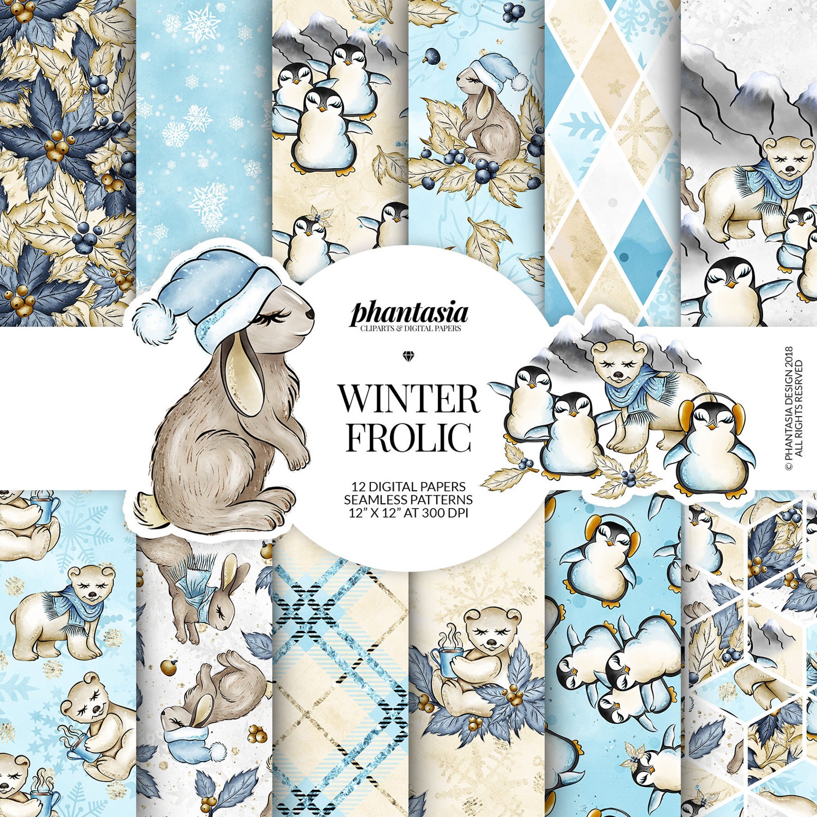 Winter Animals Digital Paper Winter Patterns Cute Animals - Etsy