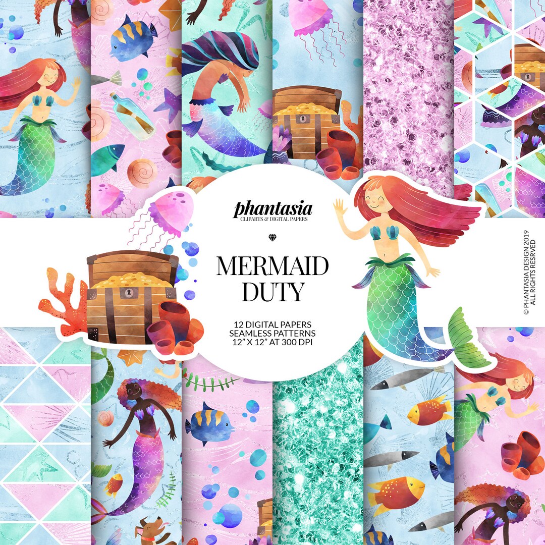 Mermaid Digital Paper, Cute Mermaids, Watercolor Mermaids, Summer ...