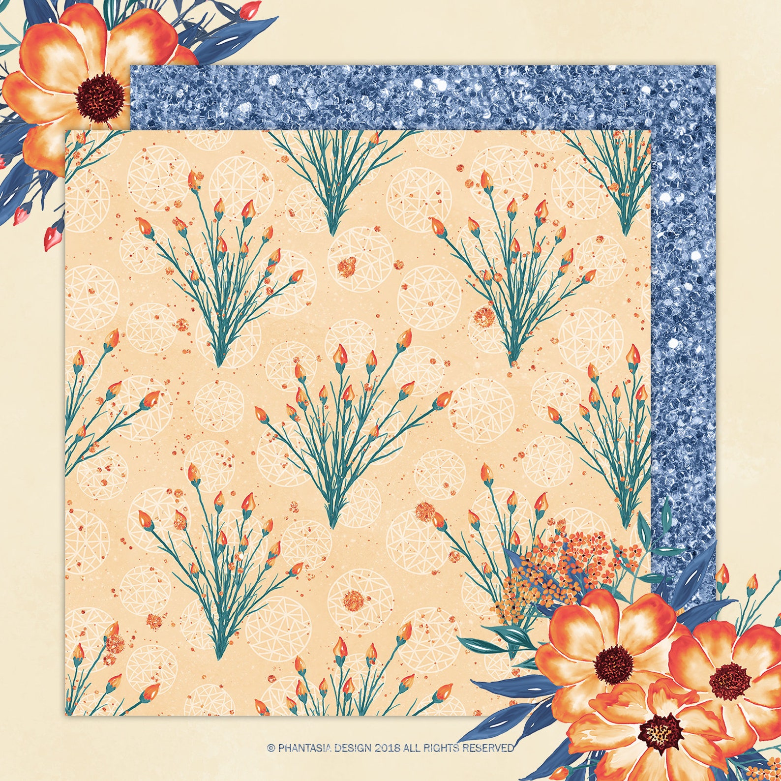 Watercolor Floral Digital Paper, Flower Digital, Blue and Orange ...