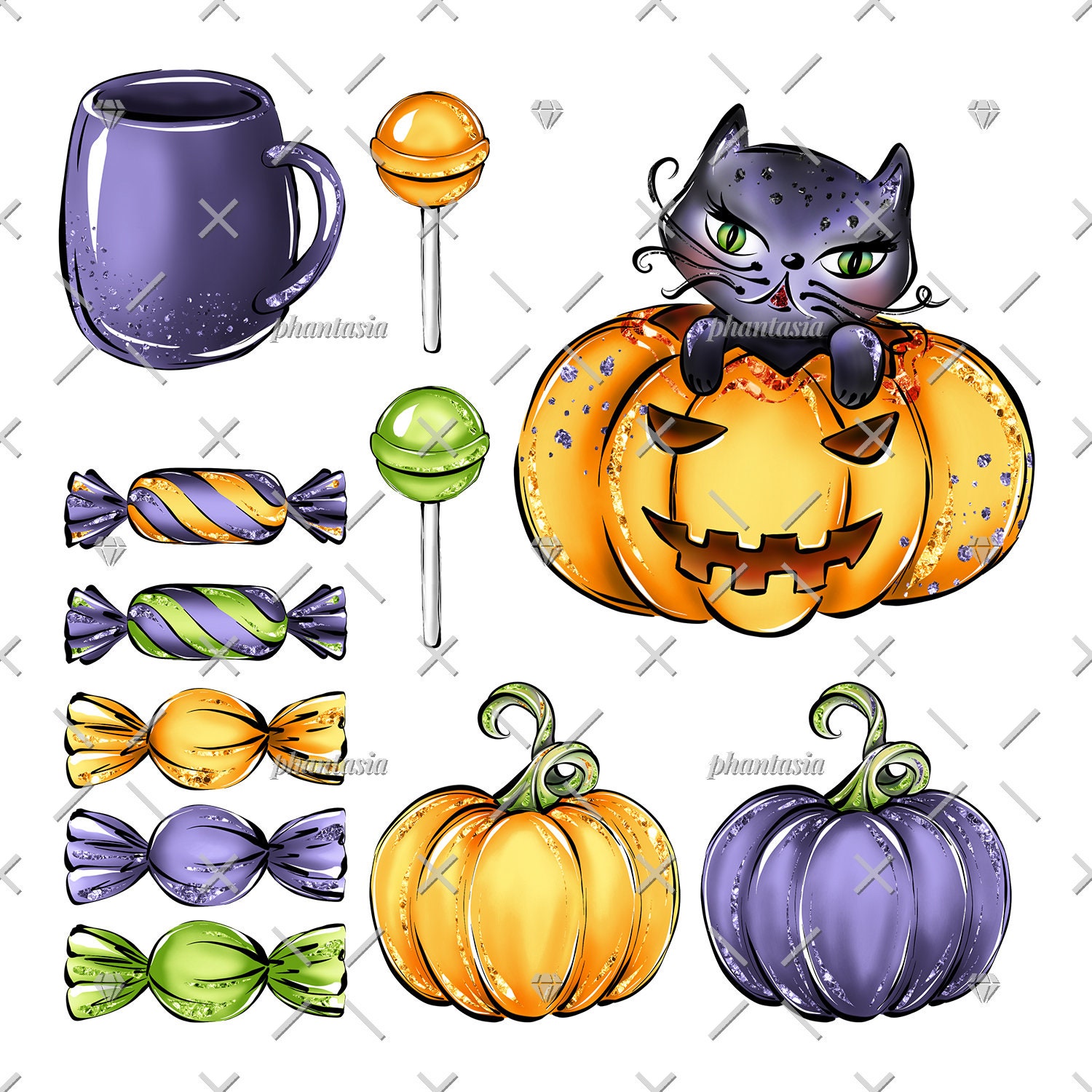 Halloween Cat Clipart Set Halloween Digital Paper Cute Cat | Etsy
