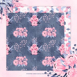 Blue and Pink Watercolor Floral Digital Paper, Pink Glitter, Floral ...