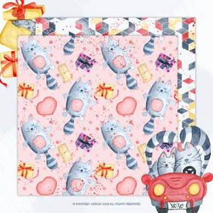Valentines Cats Digital Paper Pack, Kitty Digital Paper, Valentines ...