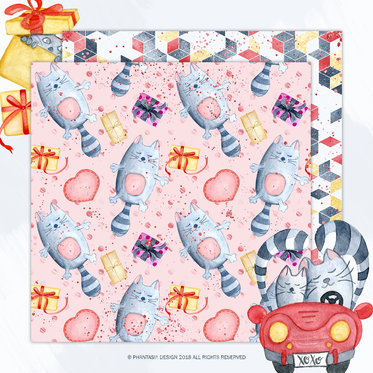 Valentines Cats Digital Paper Pack Kitty Digital Paper | Etsy