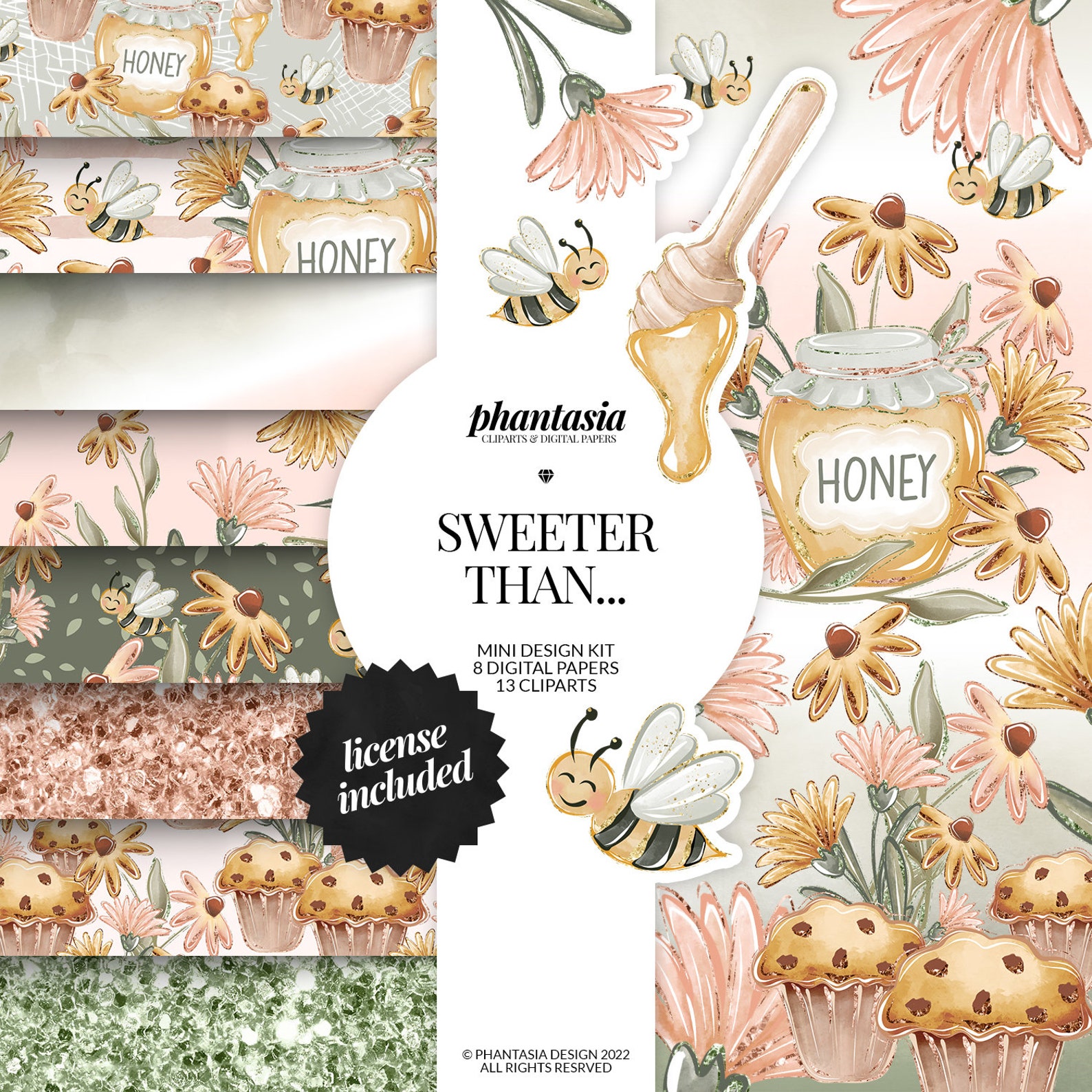 Honey Digital Kit, Bee Clipart, Watercolor Clipart, Seamless Pattern ...