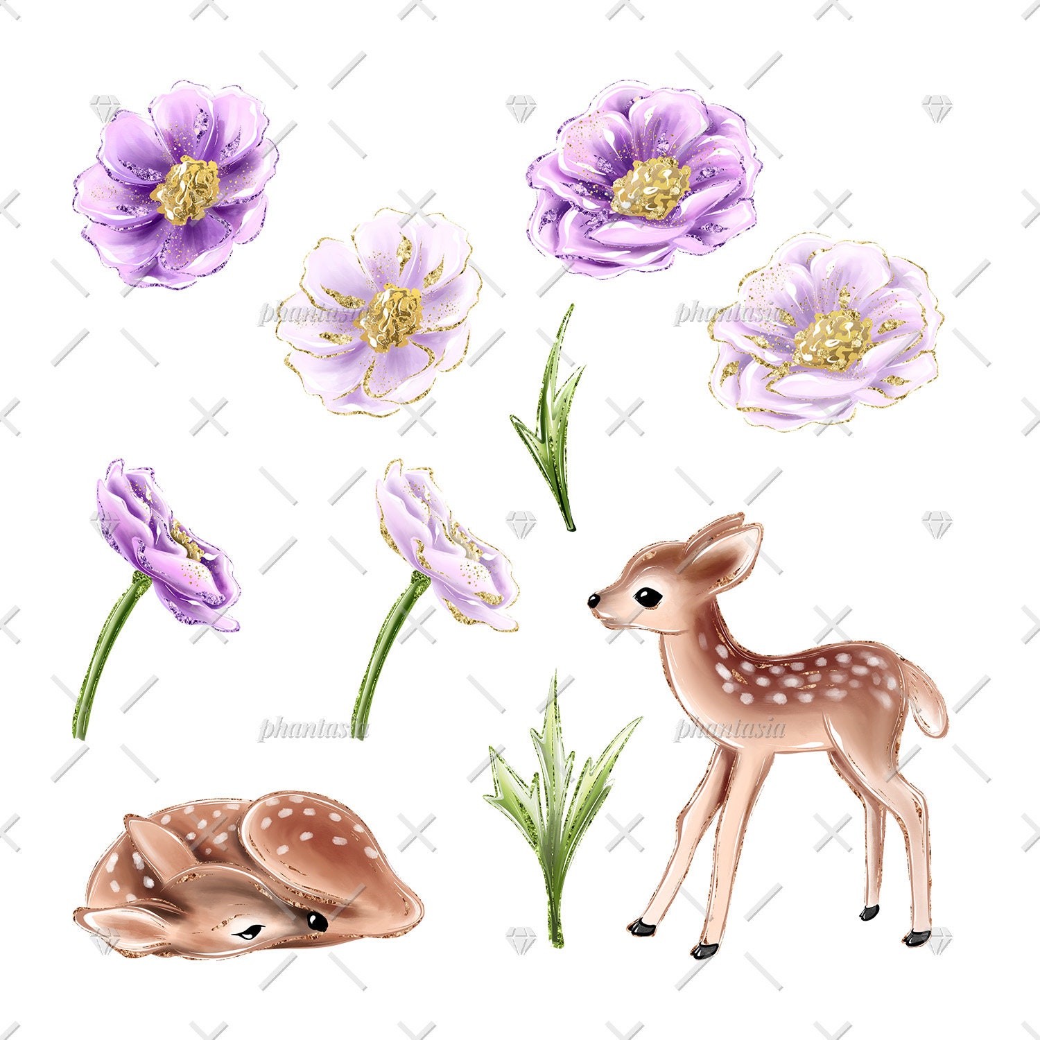 Spring Digital Kit Fawn Clipart Watercolor Clipart Seamless - Etsy