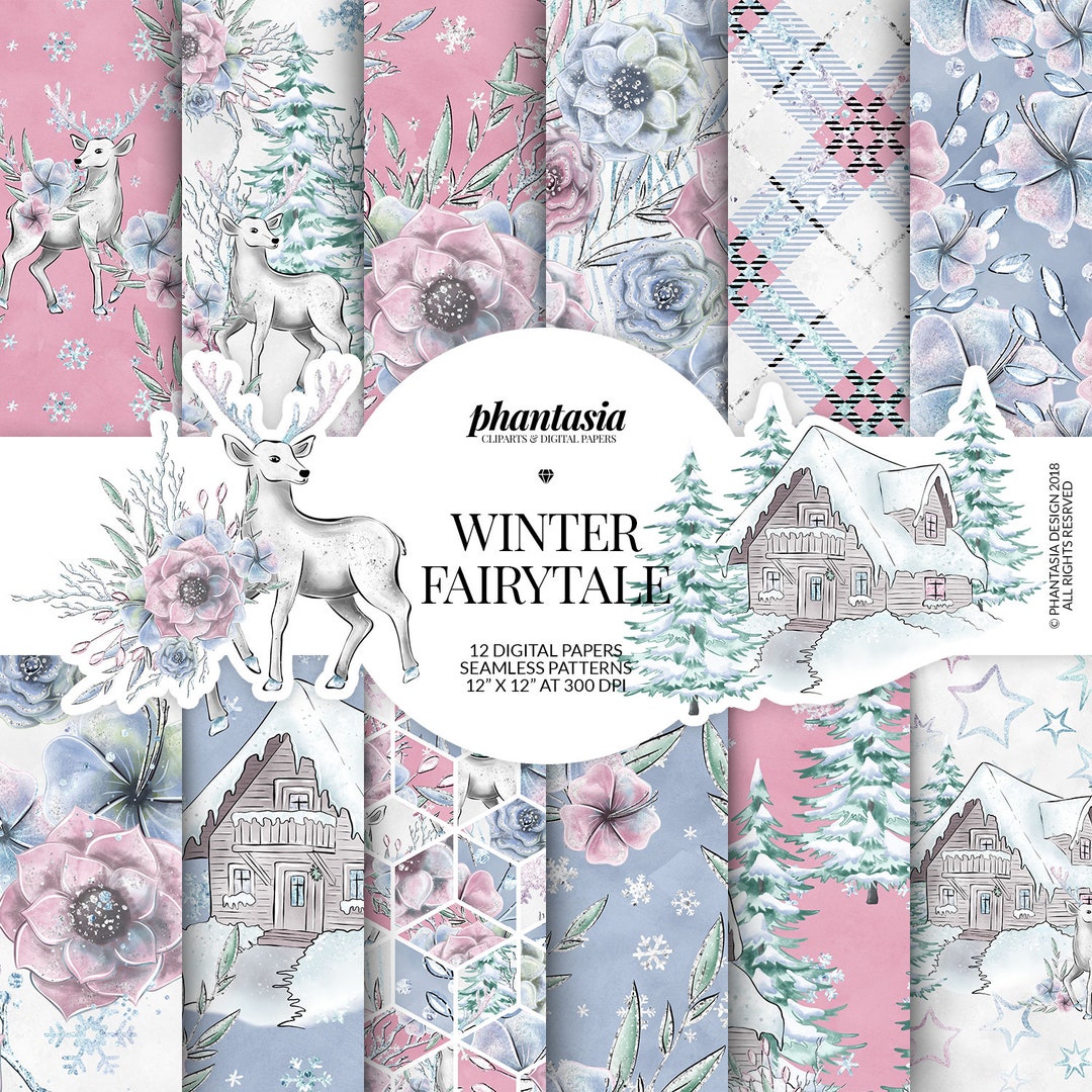 Winter Fairytale Digital Papers, Winter Watercolor, Winter Cottage ...