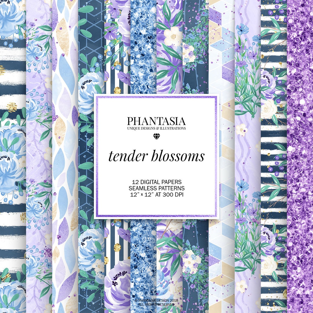 Watercolor Floral Digital Paper, Flower Digital, Blue and Purple ...