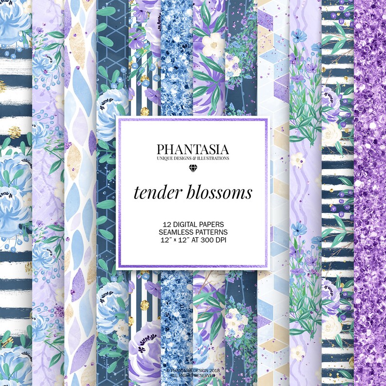 Watercolor Floral Digital Paper Flower Digital Blue and - Etsy