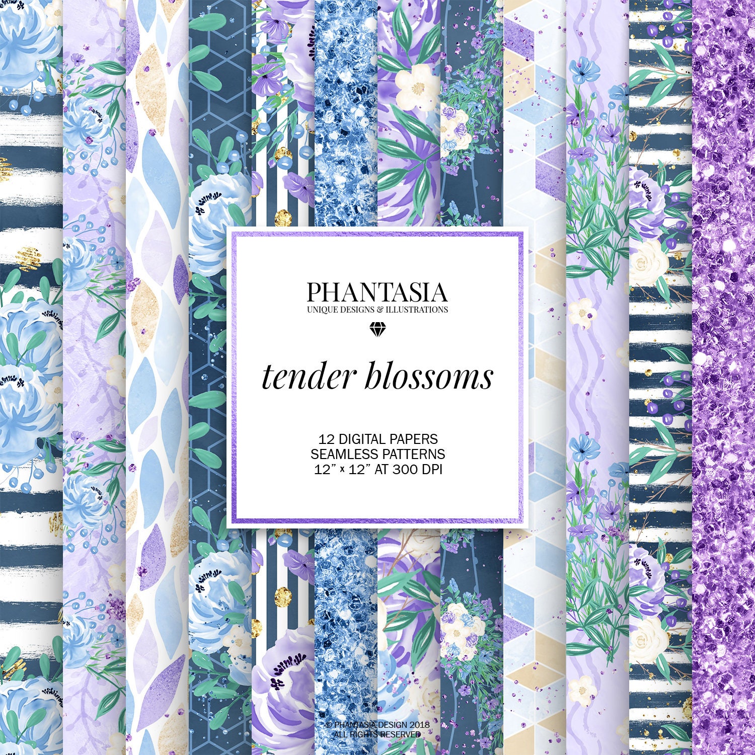 Watercolor Floral Digital Paper Flower Digital Blue and - Etsy