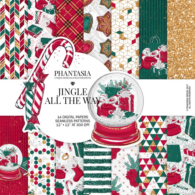 Christmas Digital Paper Pack, Christmas Digital Paper, Gifts, Gold ...