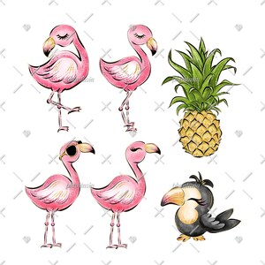 Tropical Cliparts, Flamingo Illustration, Exotic Stickers, Toucan Clip ...