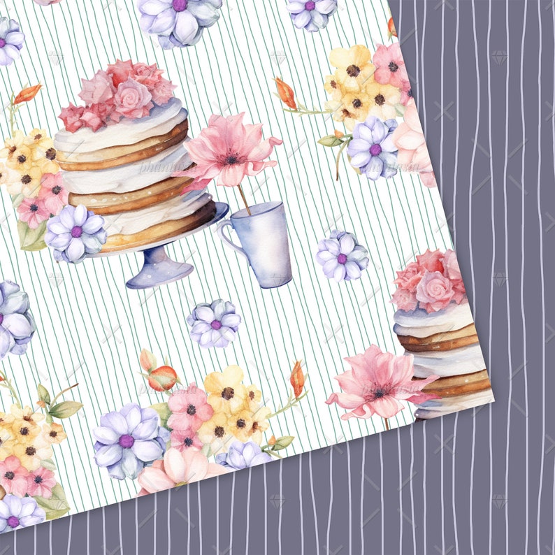 Watercolor Floral Cake Digital Paper, Cake Patterns, Floral Patterns ...