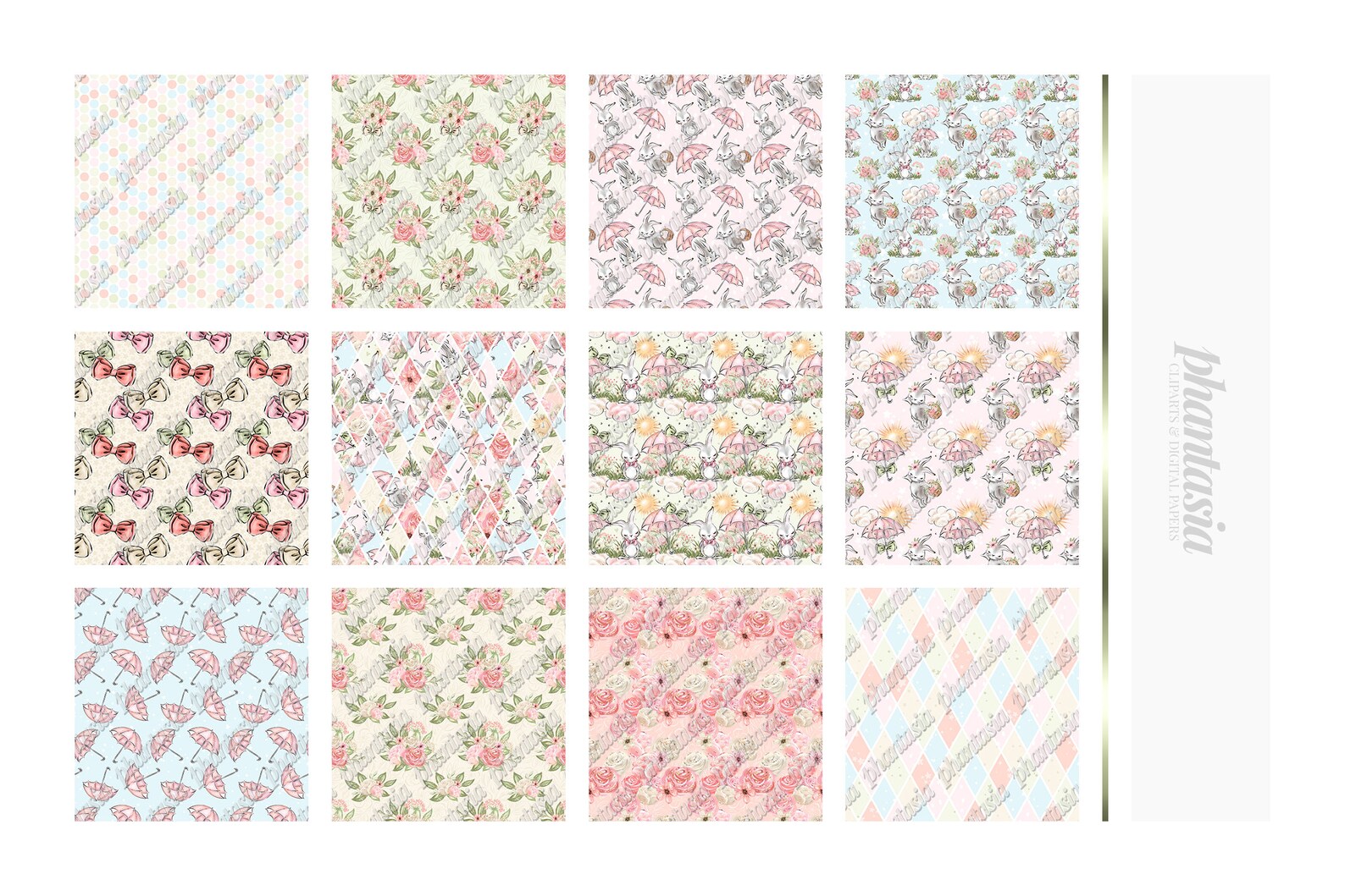 Spring Bunny Digital Paper, Cute Animals, Watercolor Patterns, Spring ...