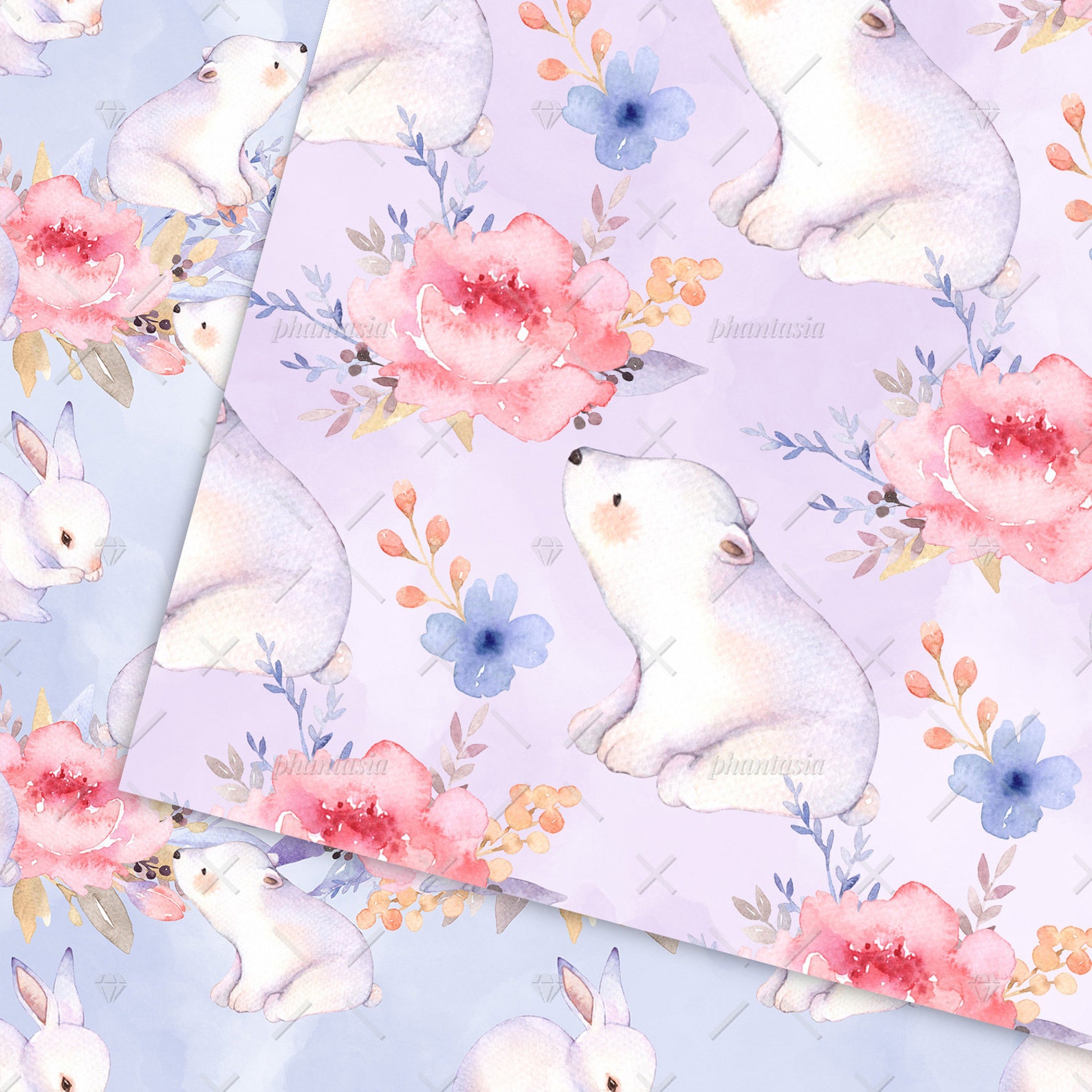 Polar Animals Digital Papers, Polar Bear Pattern, Snow Bunny, Winter ...