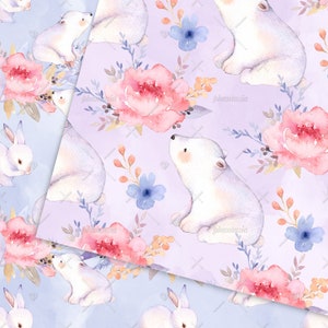 Polar Animals Digital Papers, Polar Bear Pattern, Snow Bunny, Winter ...