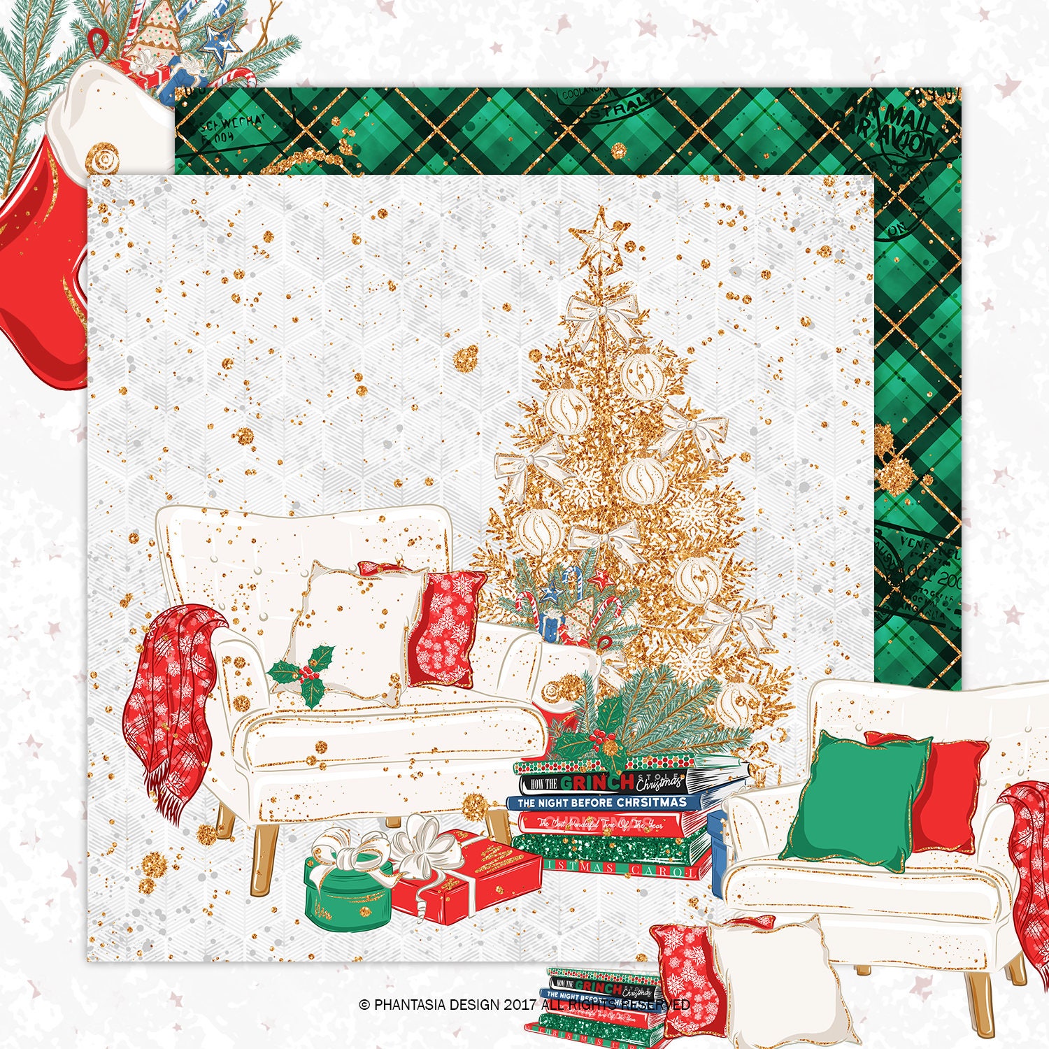 Christmas Digital Paper Pack, Christmas Digital Paper, Christmas Tree, Gold Glitter, Christmas ...