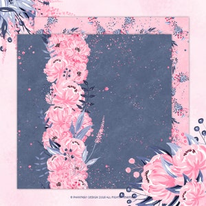 Blue and Pink Watercolor Floral Digital Paper, Pink Glitter, Floral ...