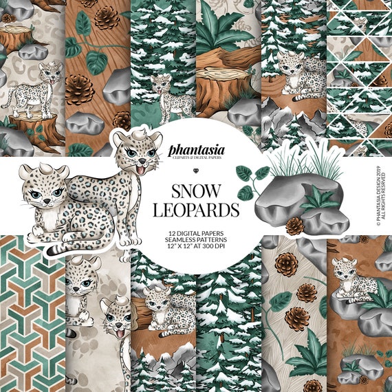 Snow Leopards Digital Papers Winter Patterns Leopard | Etsy