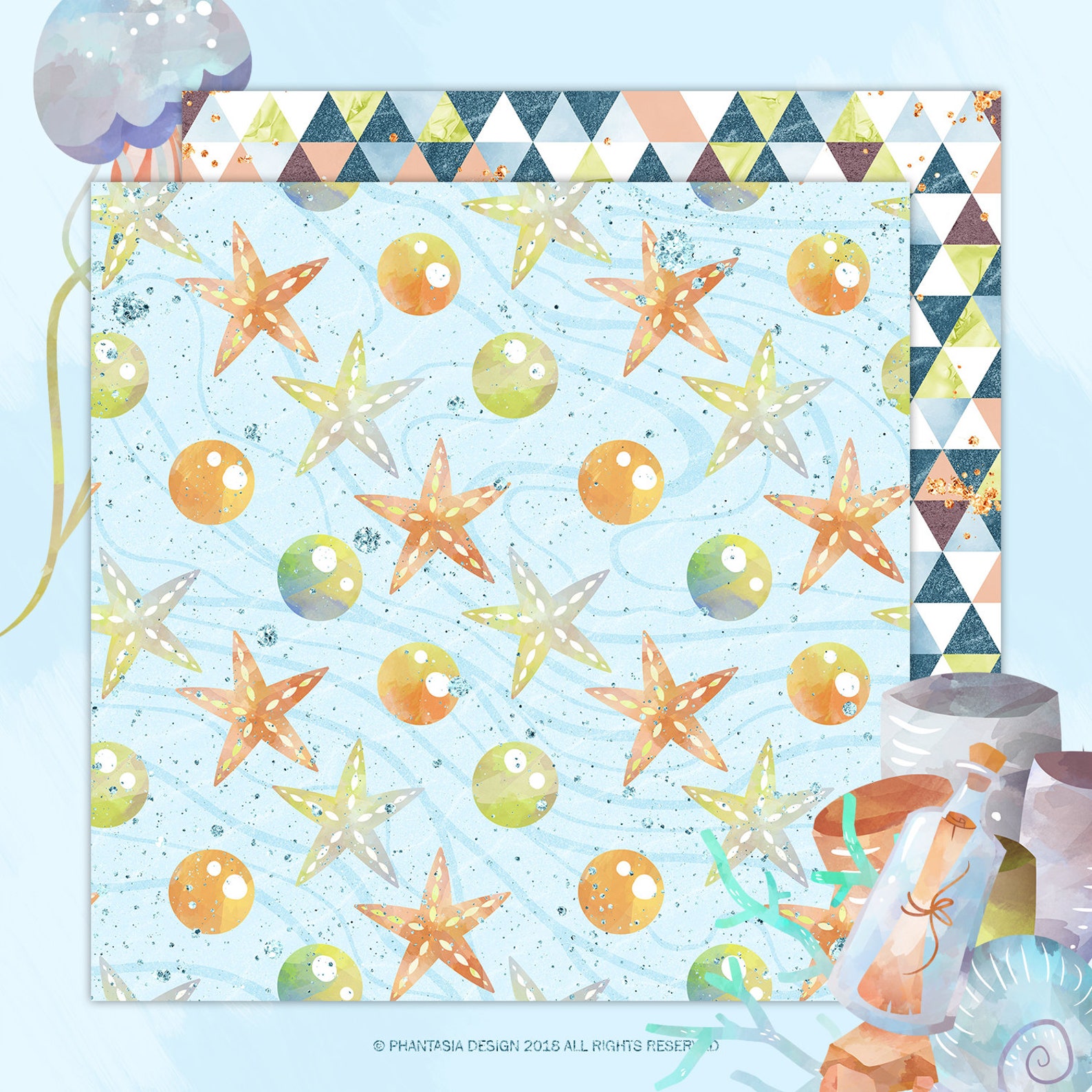 Seashells Digital Paper Sea Creatures Jellyfish Summer | Etsy