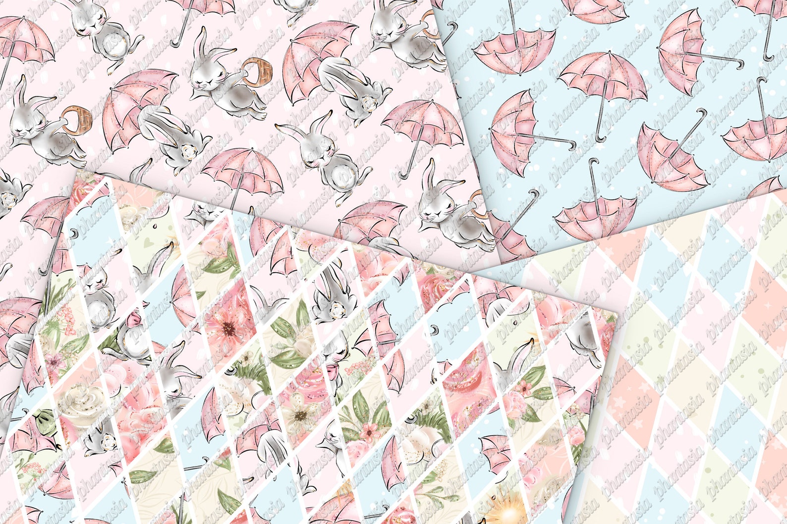 Spring Bunny Digital Paper Cute Animals Watercolor Patterns | Etsy