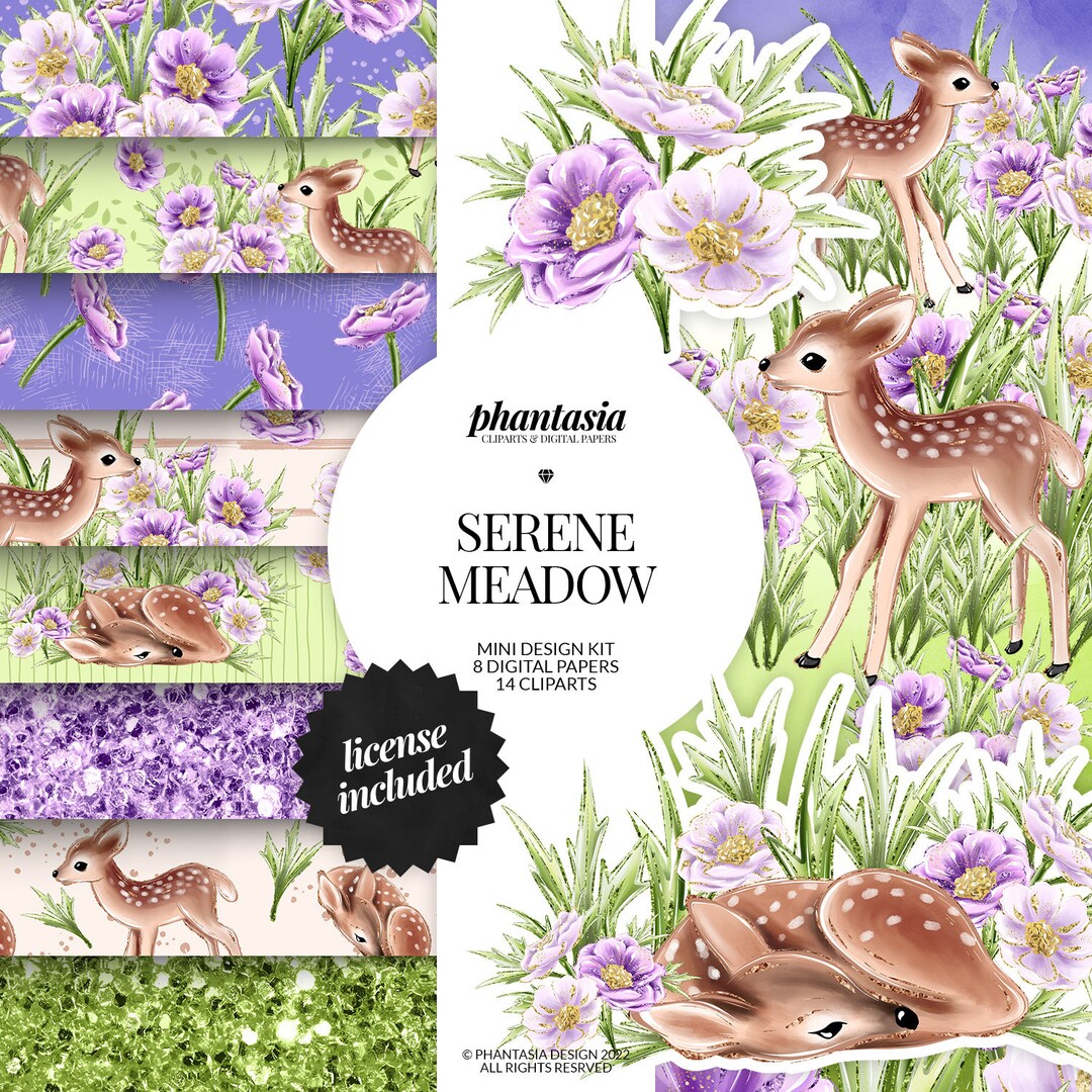 Spring Digital Kit, Fawn Clipart, Watercolor Clipart, Seamless Pattern ...