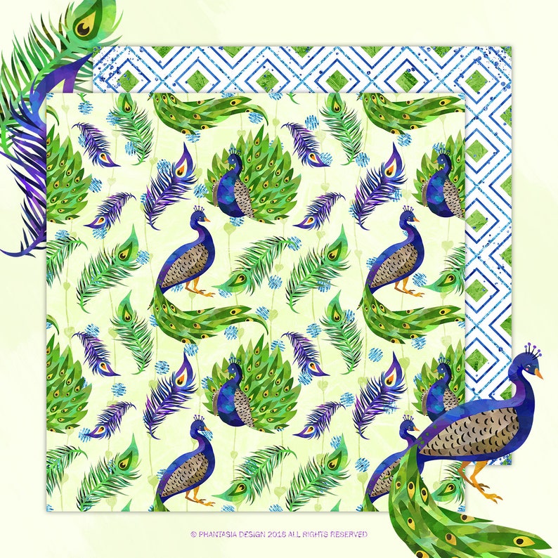 Peacock Digital Paper, Peacocks Clipart, Peacock Planner, Summer ...