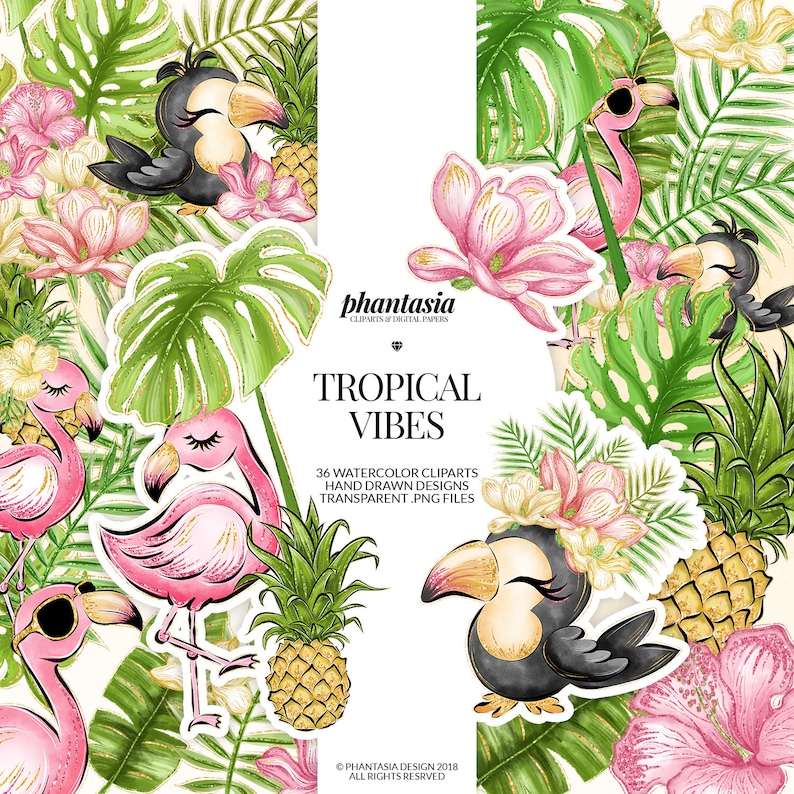 Tropical Cliparts Flamingo Illustration Exotic Stickers - Etsy UK