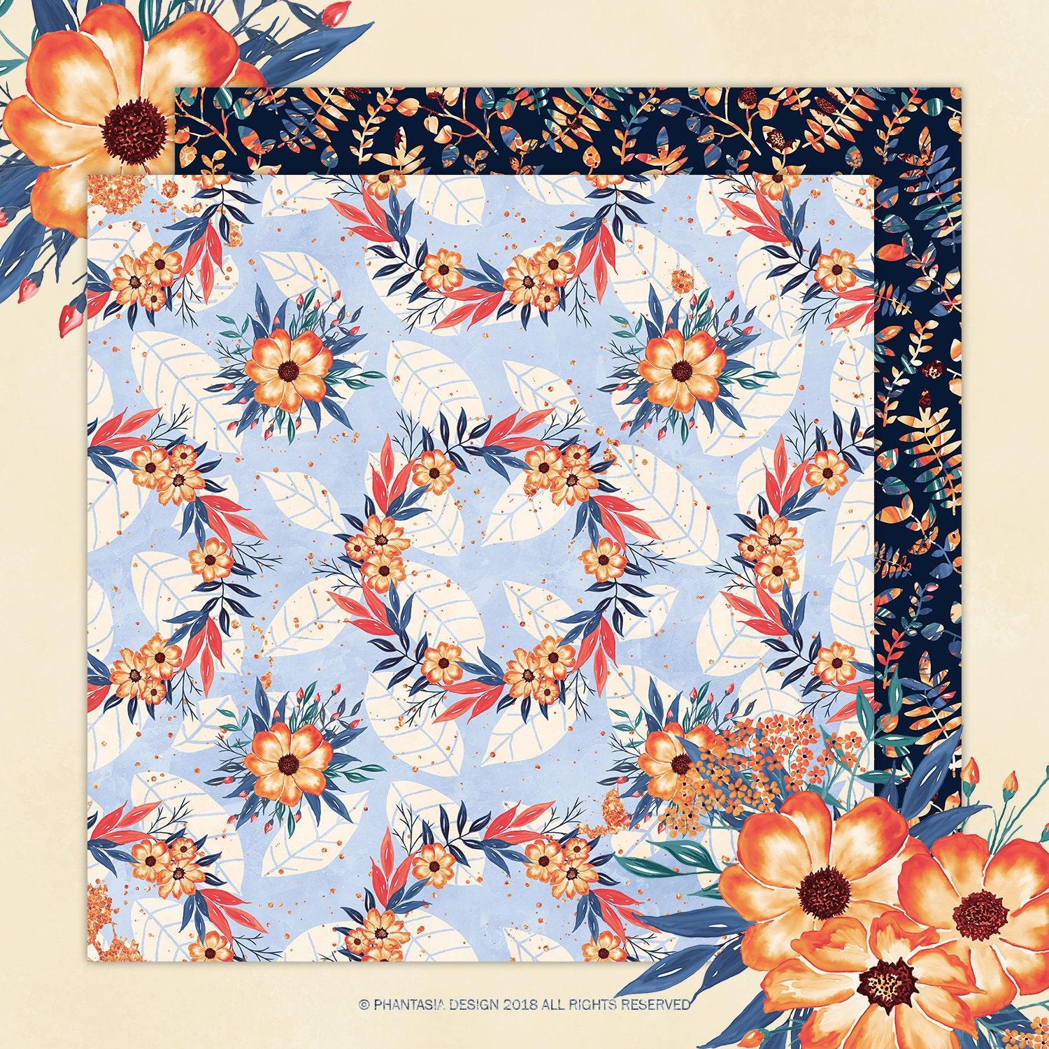 Watercolor Floral Digital Paper, Flower Digital, Blue and Orange ...