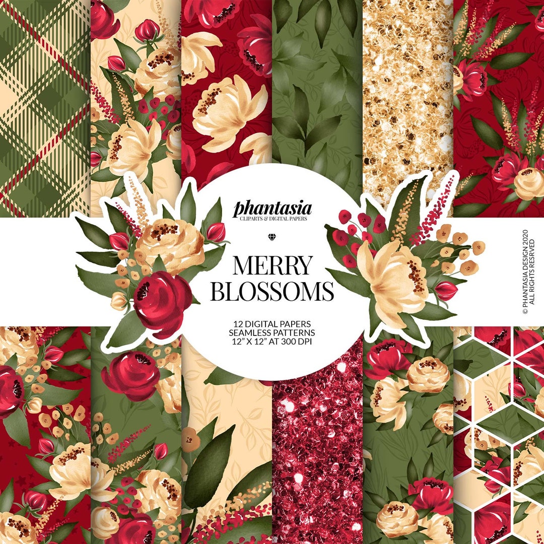 Christmas Floral Digital Papers, Christmas Background, Christmas ...