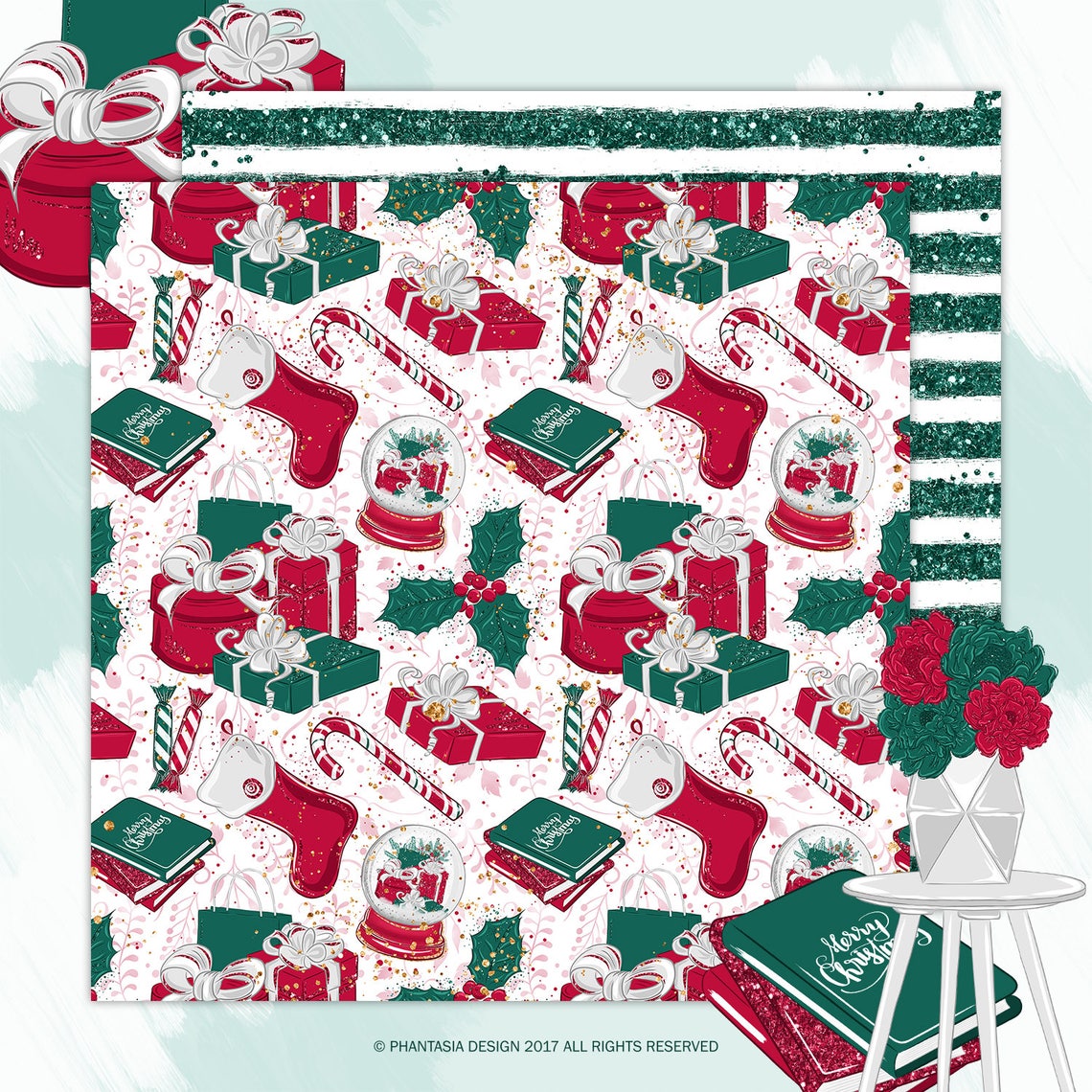 Christmas Digital Paper Pack, Christmas Digital Paper, Gifts, Gold ...